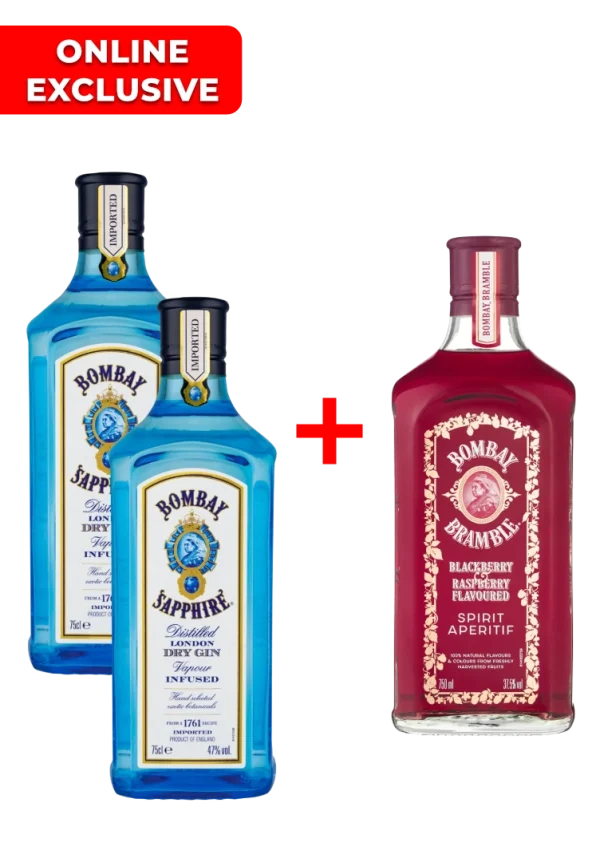 2 x BOMBAY SAPPHIRE GIN 750ML + COMPLIMENTARY BOMBAY BRAMBLE 750ML ...